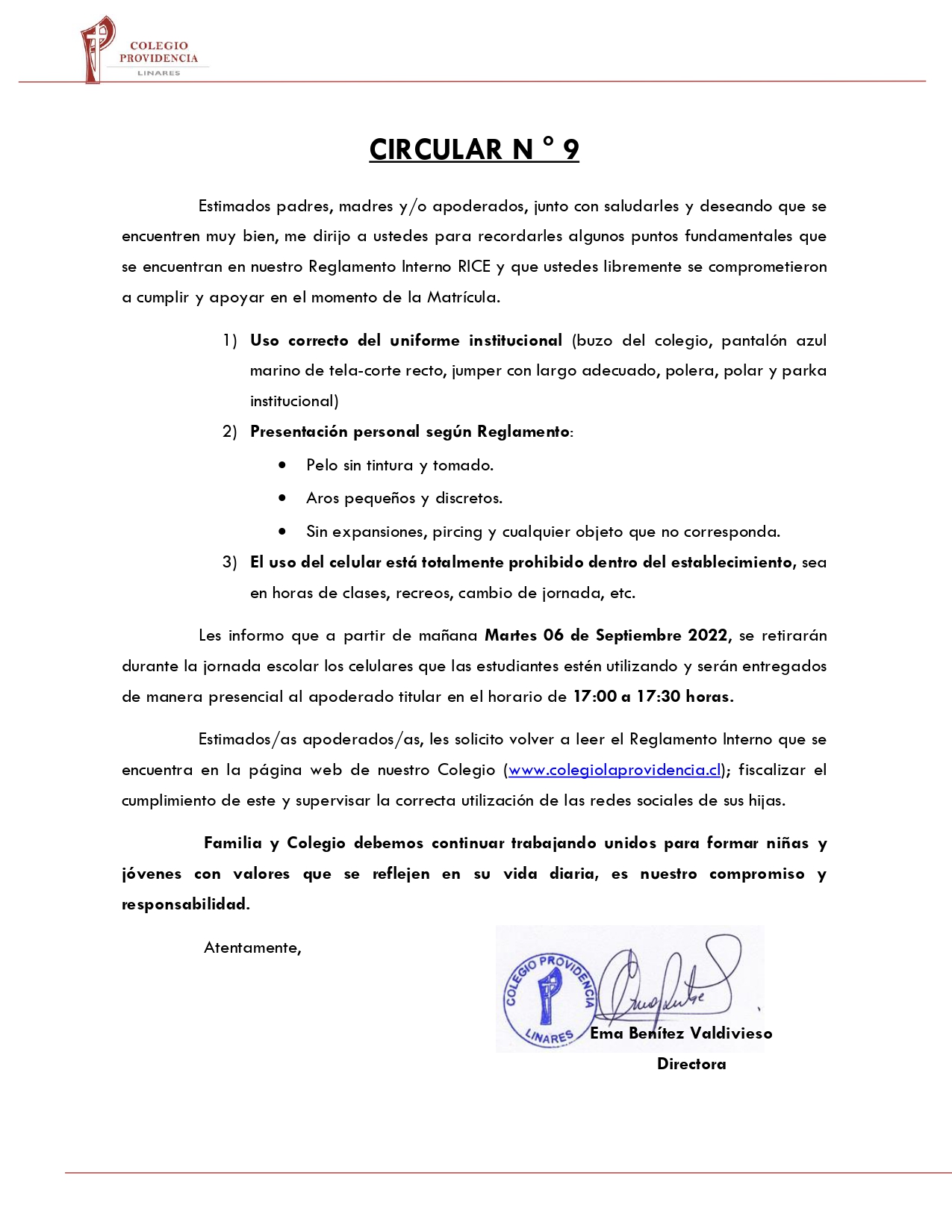 Circular N°9: Reglamento Interno – Colegio Providencia | Linares